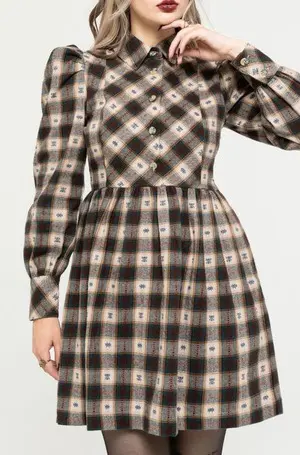DISTURBIA Emily Cotton Check Mini Shirt Dress