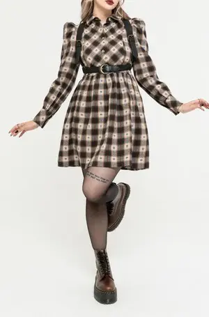 DISTURBIA Emily Cotton Check Mini Shirt Dress