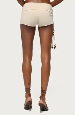 EDIKTED Thia Ruched Beaded Foldover Shorts
