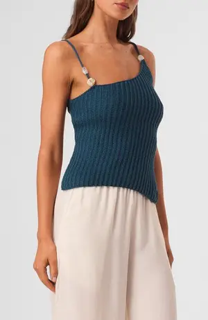 SNDYS. Desi Open Back Asymmetric Ribbed Top - Teal