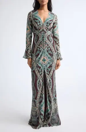 Veronica Beard Daciana Long Sleeve Silk Dress - Raisin Multi