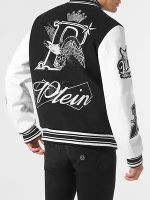 Philipp Plein Calfskin Bomber Jacket With Embroidered Logo And Contrast Trim - Black