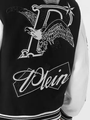 Philipp Plein Calfskin Bomber Jacket With Embroidered Logo And Contrast Trim - Black