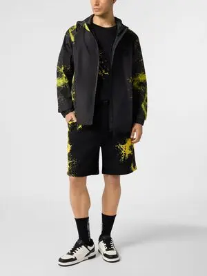 PLEIN SPORT Hooded Windbreaker Jacket With Abstract Print And Logo - Black