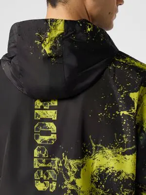 PLEIN SPORT Hooded Windbreaker Jacket With Abstract Print And Logo - Black