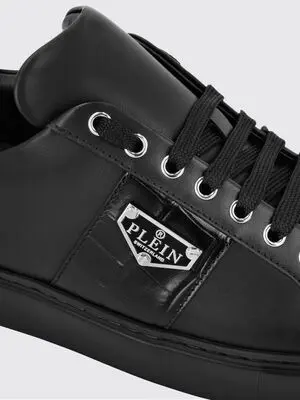 Philipp Plein Low-top Sneakers In Smooth Leather With Applied Side Logo - Black