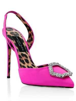 Philipp Plein Embroidered Satin Slingback Pumps With Jewelled Buckle