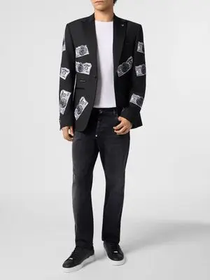 Philipp Plein Dollars Virgin Wool Blazer With Print And Crystals