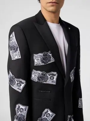 Philipp Plein Dollars Virgin Wool Blazer With Print And Crystals