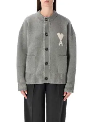 AMI Paris Cardigan With Intarsia Logo - Gris