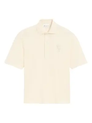AMI Paris Cotton De Coeur Knitted Patch Polo - Beige
