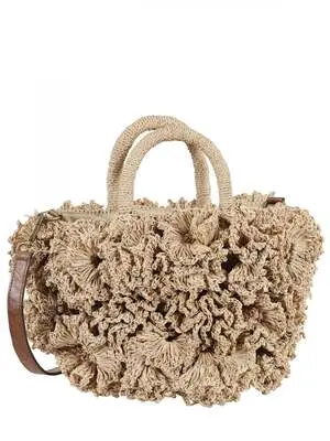 IBELIV Raffia Mini Bag With Floral Embellishments - Ecru