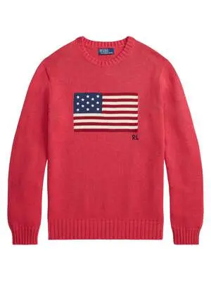 Ralph Lauren Classic Cotton Pullover Sweater With American Flag Detail - Red