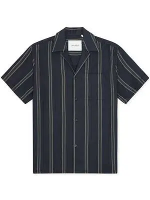 LES DEUX Short Sleeve Striped Button-up Shirt - Navy