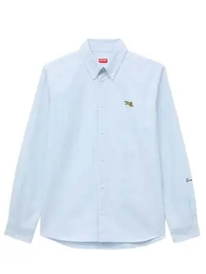 Kenzo Cotton Button-down Shirt With Chest Tiger Embroidery, Button Front & Back-neck Signature - Azzurro