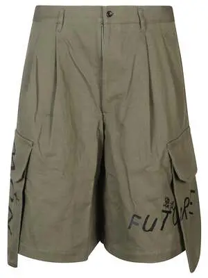 Comme Des Garçons Pleated Cargo Shorts With Graphic Print - Kaki