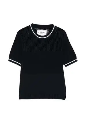 Iceberg Ribbed Hem Short Sleeve Knit Top With Contrast Trim - Navy