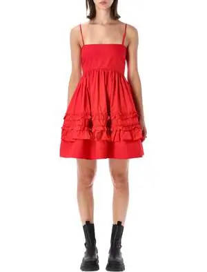 GANNI 100% Organic Cotton Ruffled Mini Dress - Rosso