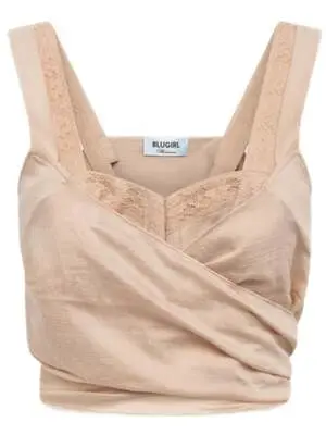 BLUGIRL Lace Trimmed Wrap Front Cropped Top - Beige