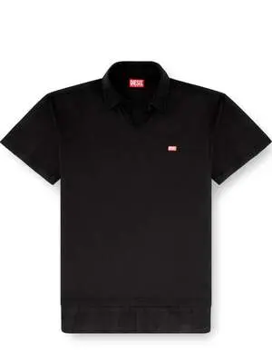 DIESEL® Checkered Flannel Collar Raw-edge V-neck Tee With Chest Transfer Label