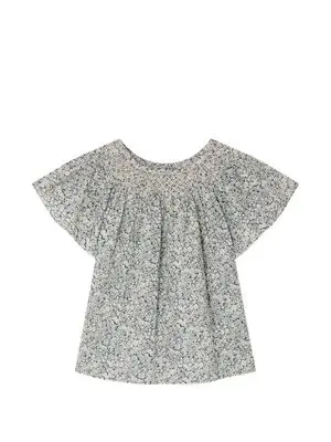 Bonpoint Floral Print Smocked Mini Top With Short Sleeves - Navy