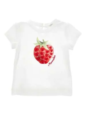 Monnalisa Short Sleeve Round Neck Top With Strawberry Print - White