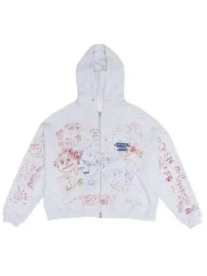 PALY Cotton Graphic Drawstring Hooded Sweatshirt With Zip Front And Pouch Pockets - Multicolor