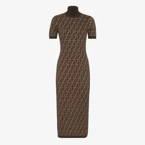 Fendi Cotton Knit Ff Motif Jacquard Midi Dress - Brown