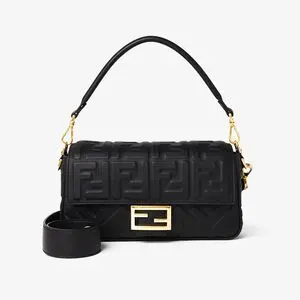 Fendi Baguette Bag In Nappa Leather With Embossed Ff Motif - Black