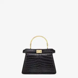 Fendi Peekaboo Iseeu Petite Crocodile Handbag With Crystal Handle - Black