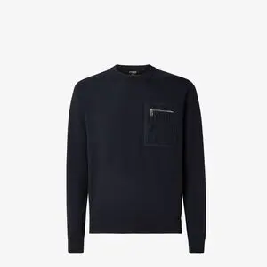 Fendi Wool Crew Neck Jumper With Zipped Pocket - Blue