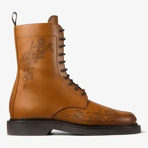 JIMMY CHOO Rowan Derby Boot Tan Waxed Calf Leather Derby Boots With Rose Motif Tan - Neutral