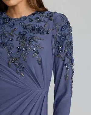 Mac Duggal Long Sleeve Beaded Floral Gown