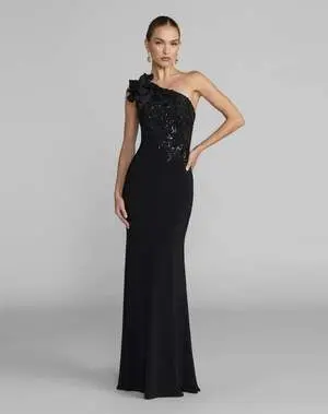Mac Duggal Embroidered Jersey One Shoulder Gown With 3d Flower - Black