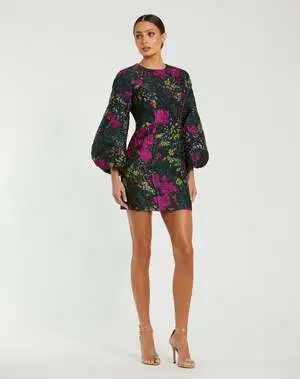 Mac Duggal Floral Brocade Puff Sleeve Mini Dress