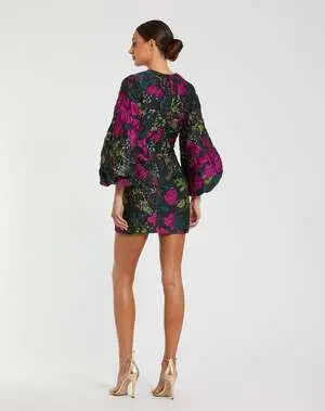 Mac Duggal Floral Brocade Puff Sleeve Mini Dress