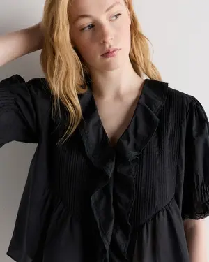 Quince Organic Cotton Voile Short Sleeve Peasant Blouse - True Black