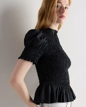 Quince Cotton Viscose Voile Smocked Peplum Top - Black