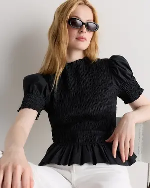 Quince Cotton Viscose Voile Smocked Peplum Top - Black