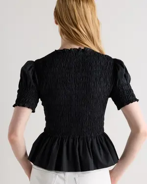 Quince Cotton Viscose Voile Smocked Peplum Top - Black