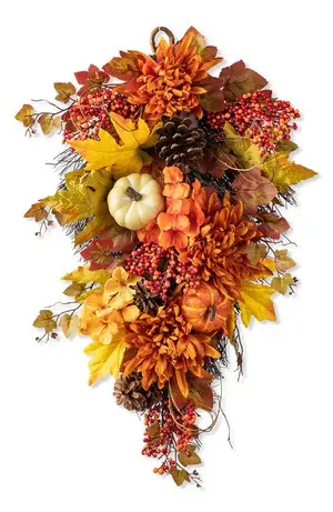 GLITZHOME 27"h Fall Dahlia Pumpkin Leaf And Berry Teardrop - Orange