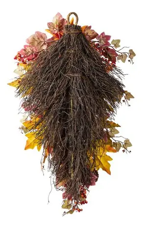 GLITZHOME 27"h Fall Dahlia Pumpkin Leaf And Berry Teardrop