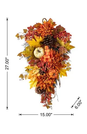 GLITZHOME 27"h Fall Dahlia Pumpkin Leaf And Berry Teardrop