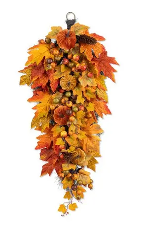 GLITZHOME 27"h Fall Dahlia Pumpkin Leaf And Berry Teardrop