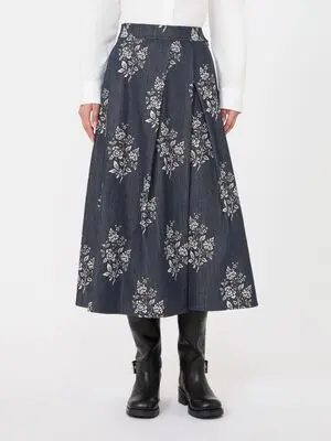 Max Mara Pleated Floral Print Cotton Skirt - Navy