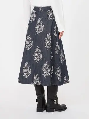 Max Mara Pleated Floral Print Cotton Skirt - Navy