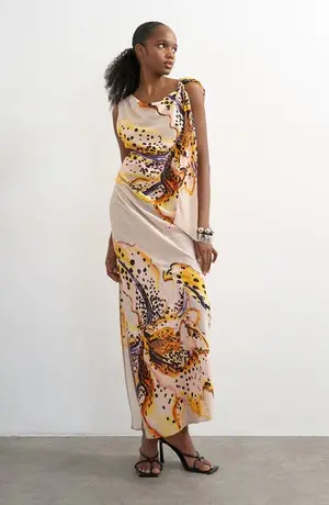 Topshop Print Side Drape Sleeveless Maxi Dress - Black