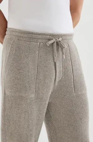Brunello Cucinelli Cashmere English Rib Knit Joggers - Stone Grey