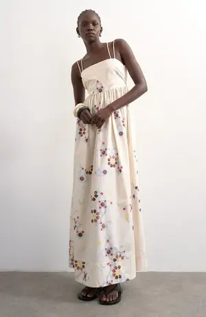 Topshop Strappy Open Back Cotton Poplin Dress - Beige