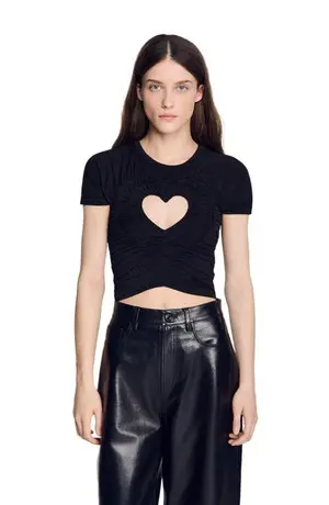 Sandro Ruched Heart Cropped T-shirt - Black